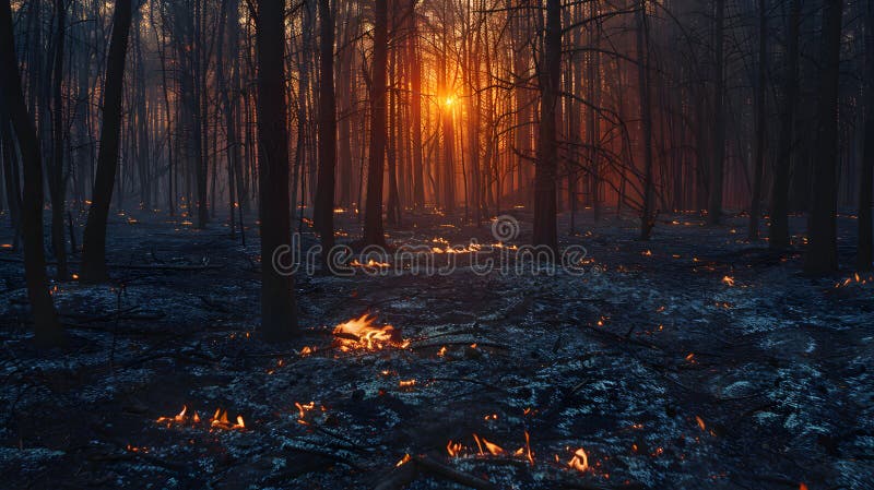 Forest Fire Burns through Dense Pine Forest at Dusk, Creating Surreal ...