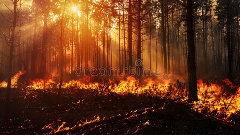 Forest Fire Burns in Line of Trees with the Sun Shining through Stock ...