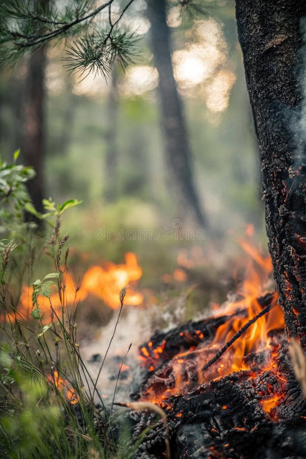 A Forest Fire Burns Near a Standing Tree, with Flames and Smoke Visible ...