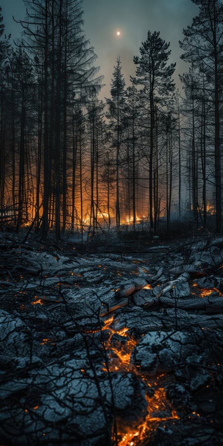 A Forest Fire Burns through a Forest at Night, Leaving a Path of ...