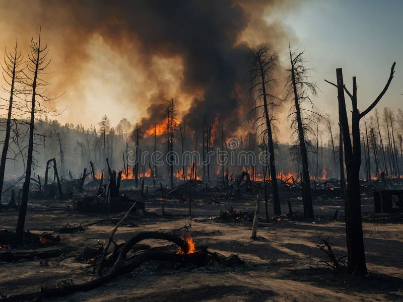 Forest Fire Charred Trees Fire in the Distance Stock Image - Image of ...