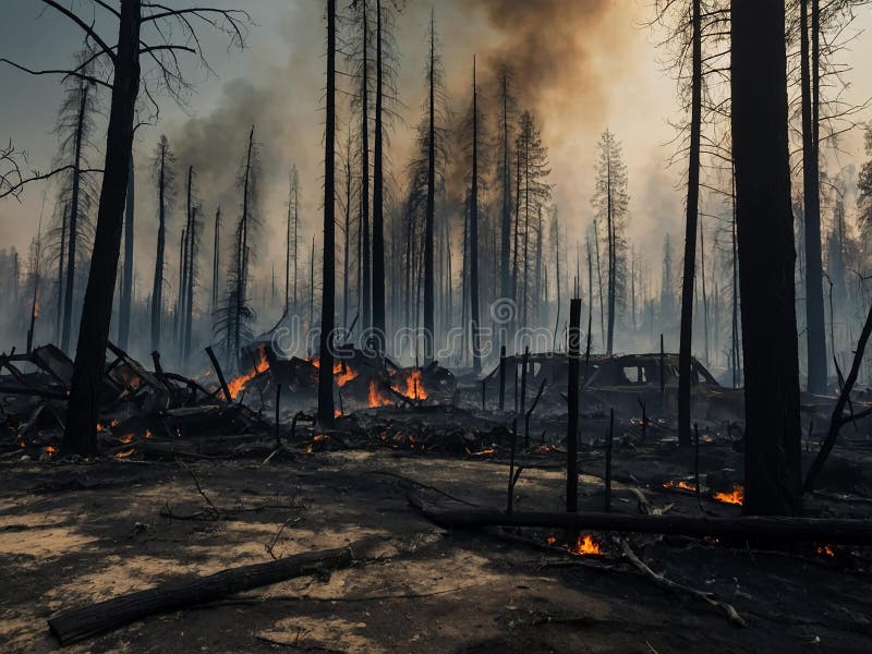 Forest Fire Charred Trees Fire in the Distance Stock Image - Image of ...