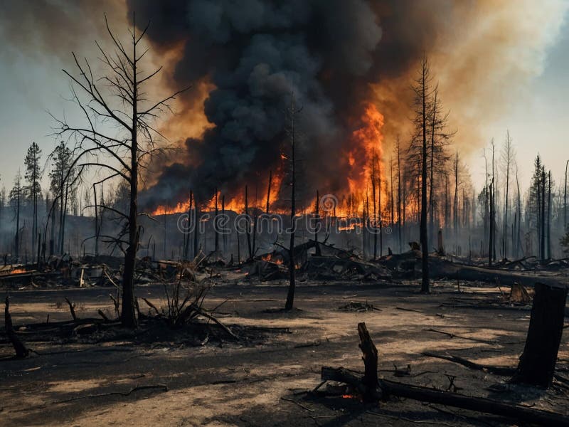 Forest Fire Charred Trees Fire in the Distance Stock Image - Image of ...