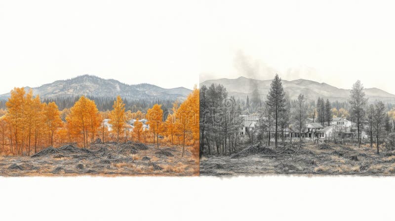 Forest Fire Contrast Golden Autumn Trees Burned Landscape Stock Photos ...