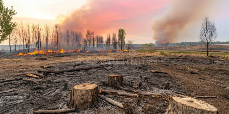 Forest Fire Devastation with Burning Trees and Smoke in the Distance at ...