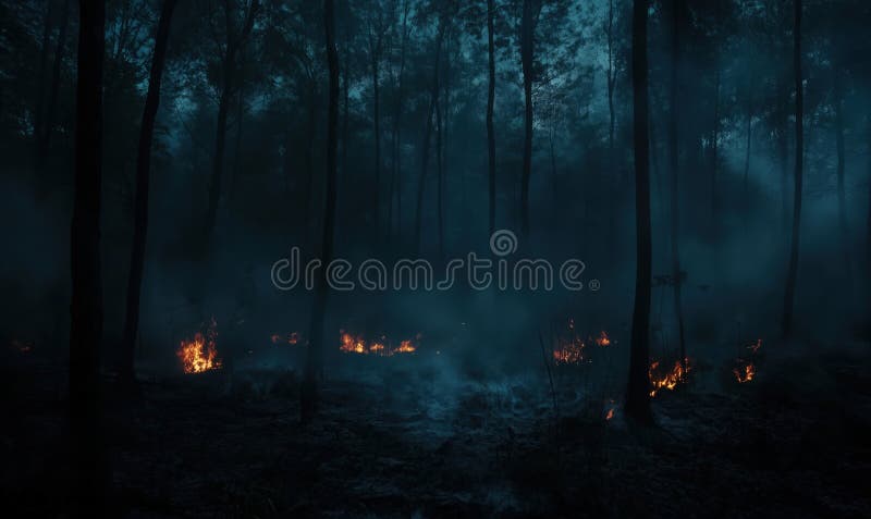 Forest Fire Devastation with Smoke, Flames, Charred Trees, Dark ...