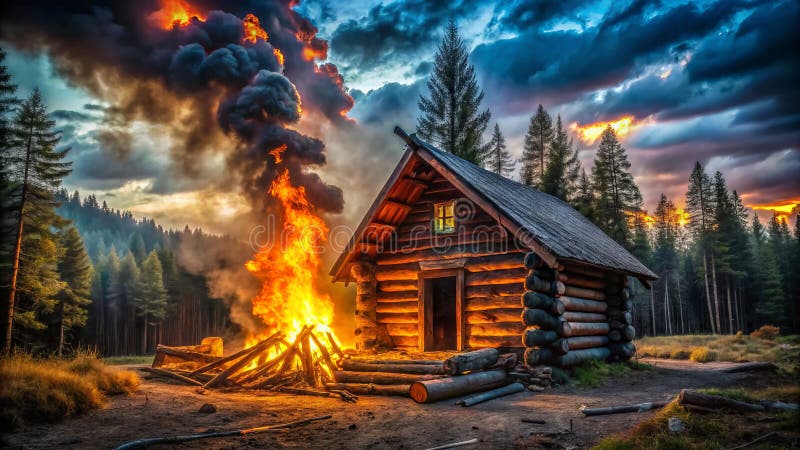 Forest Fire Disaster Dramatic Closeup of a Burning Cabin in a Wildfire ...