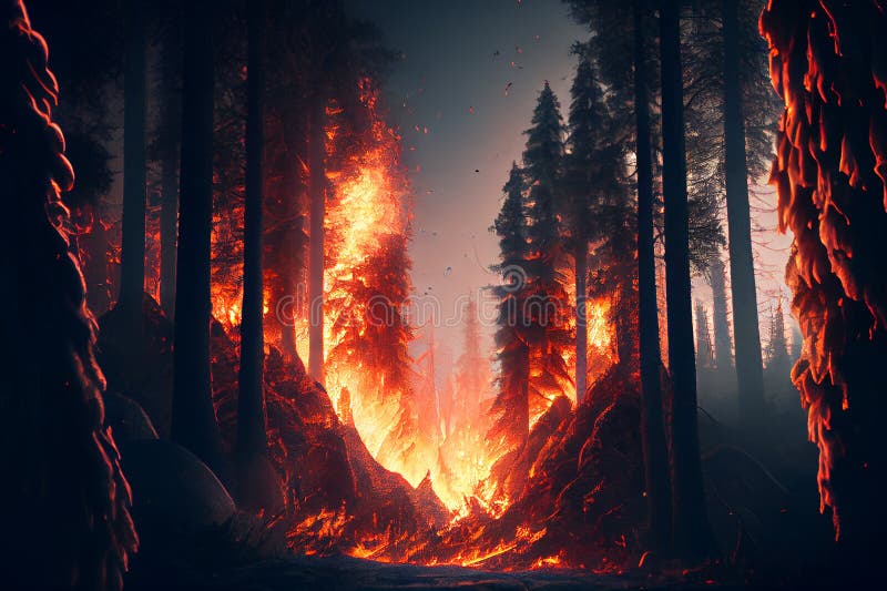 Forest Fire Disaster, Orange Flames Burning Trees, Generative Ai Stock ...