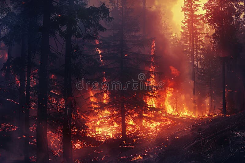 Forest Fire Disaster, Trees Burned at Night Stock Illustration ...