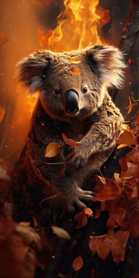 Forest Fire, Disasters. Koala on a Tree in a Burning Forest. Generative ...