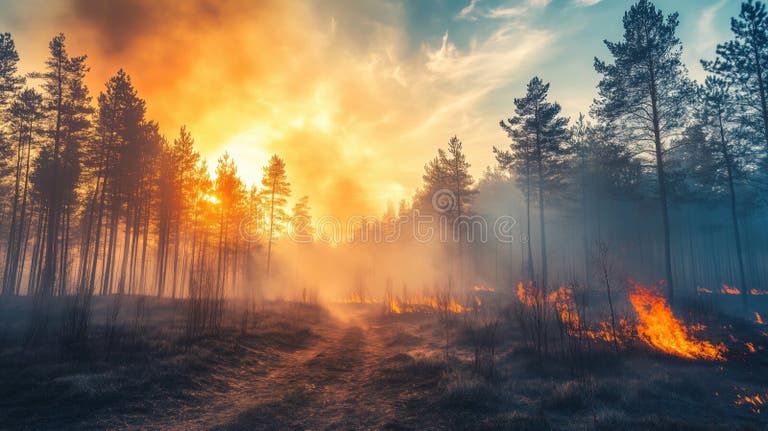 Forest Fire Engulfing Trees at Sunset, Smoke and Flames Stock Photo ...