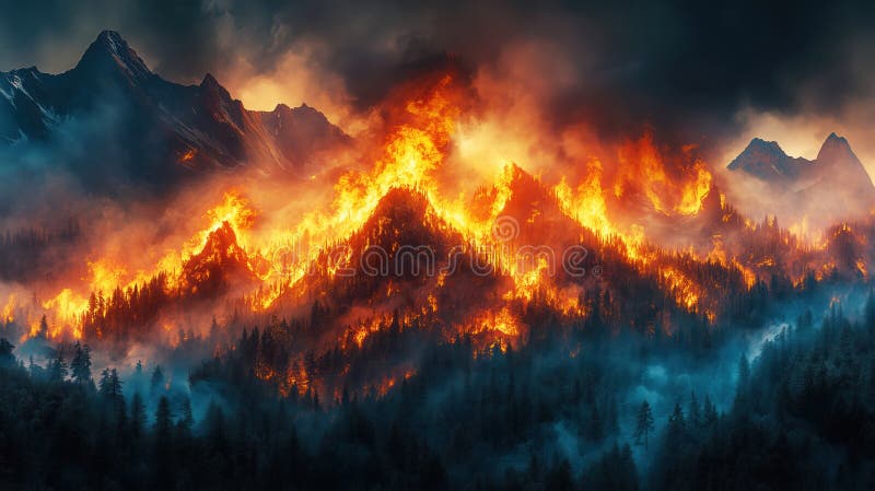 Forest Fire Engulfs Mountain Range with Intense Flames and Smoke. Ai ...