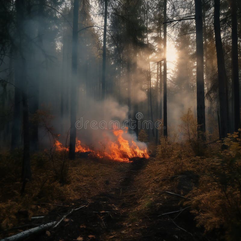 Forest Fire. Fallen Tree is Burned To the Ground a Lot of Smoke when ...