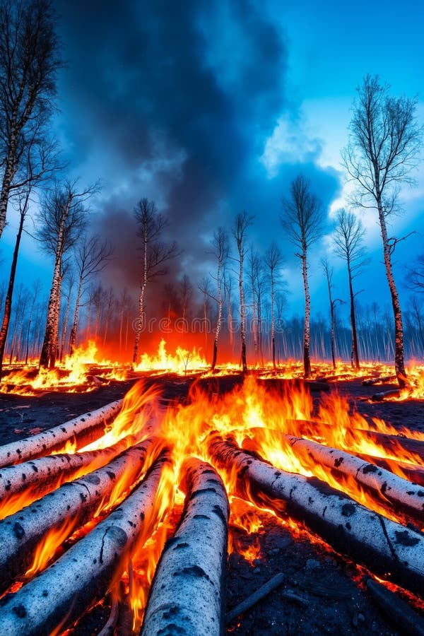 A Large Bonfire in the Middle of a Forest with Trees in the Background ...