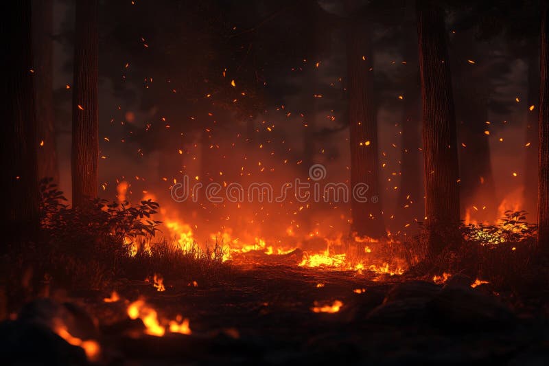 Forest Fire Flames with Smoke and Ash in a Dark Woodland Scene Stock ...