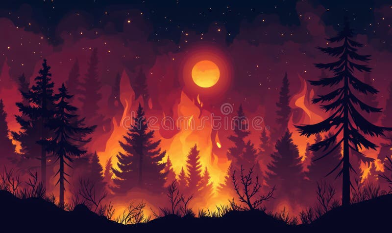 Forest Fire with Flames and Smoke, Night Sky, Glowing Sun, Silhouettes ...