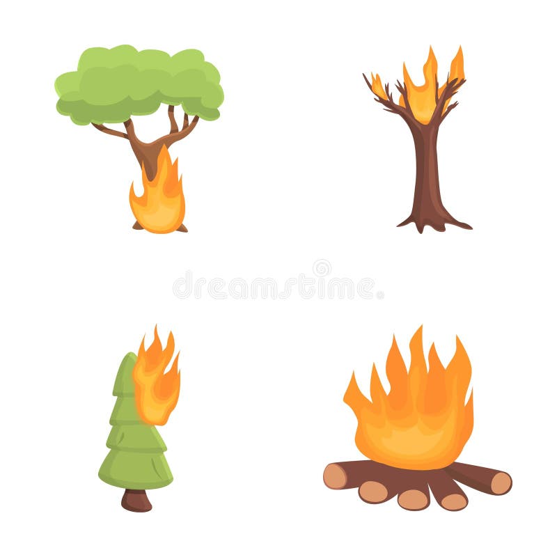 Forest Fire Icons Set Cartoon Vector. Burning Tree and Bonfire Stock ...