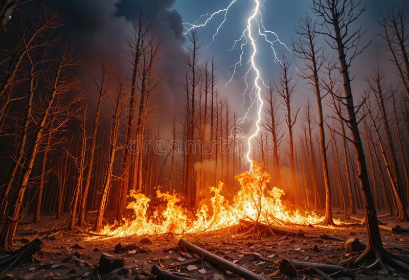 Forest Fire Illuminated by Lightning in a Dramatic Nighttime Setting ...