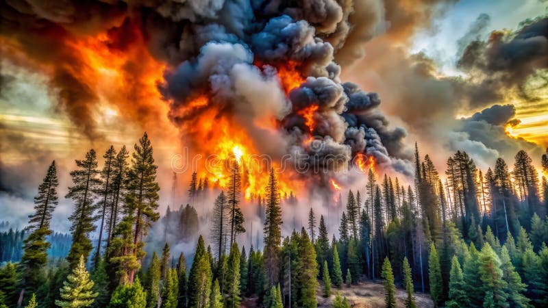 Forest Fire Inferno, Pine Trees, Smoke, Wildfire, Danger Stock ...