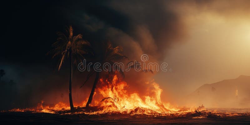 Forest Fire on the Island, Burning Palm Trees. Generative AI Stock ...