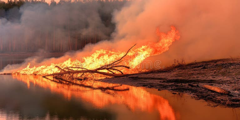 Forest Fire by Lakeside with Intense Flames and Smoke Reflection in ...