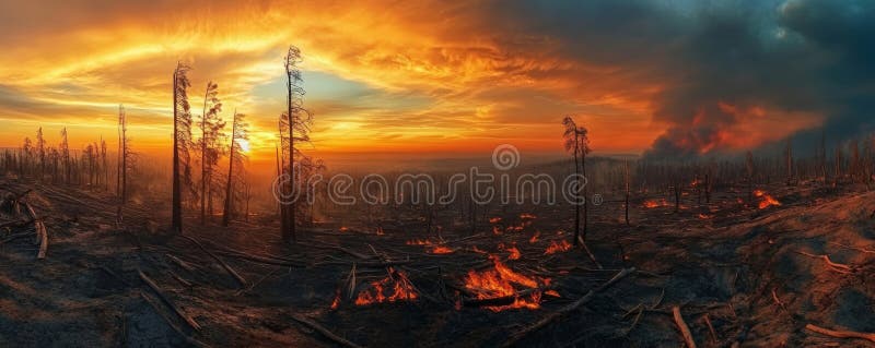 Forest Fire Landscape with Burning Trees at Sunset, Environmental ...
