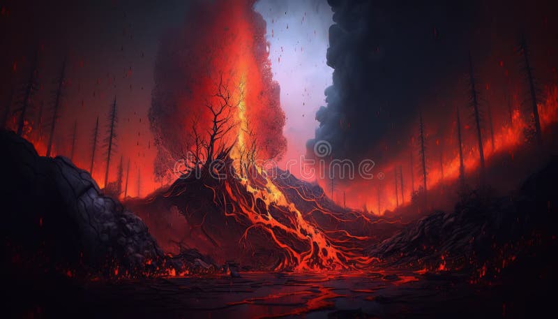 Forest on Fire by Magma from Volcano Eruption. Smoke Rises in Night Sky ...