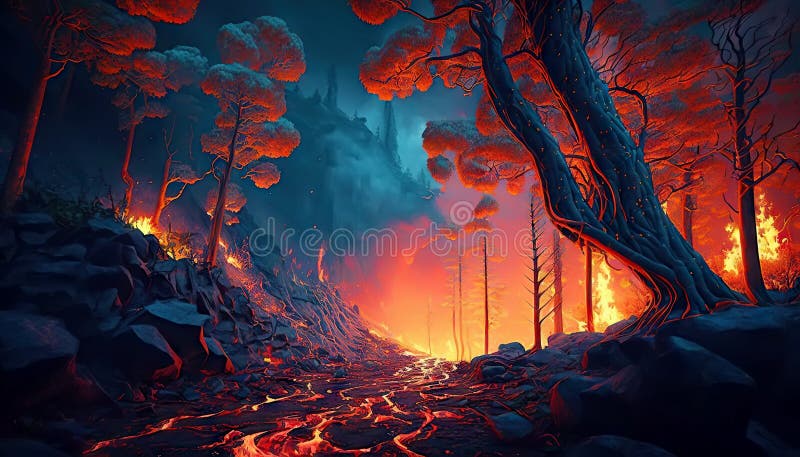 Forest on Fire by Magma from Volcano Eruption. Smoke Rises in Night Sky ...