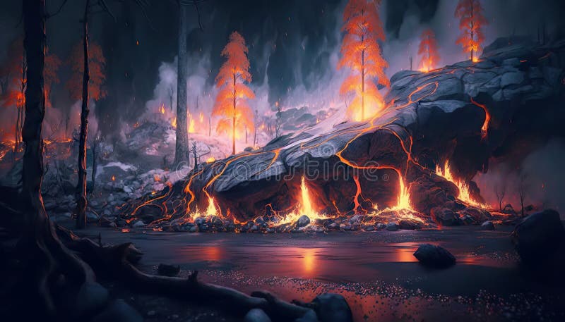 Forest on Fire by Magma from Volcano Eruption. Smoke Rises in Night Sky ...