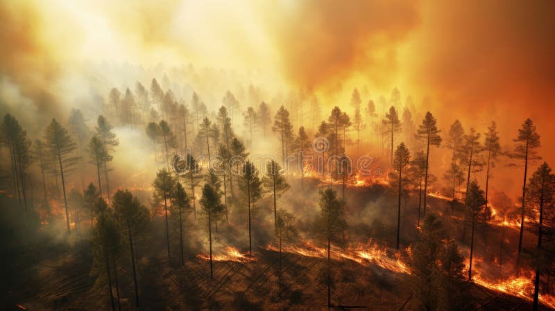 Forest Fire Many Acres of Pine Trees Burn Down during. Generative AI ...