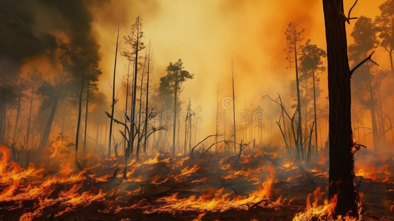 Forest Fire Many Acres of Pine Trees Burn Down during. Generative AI ...