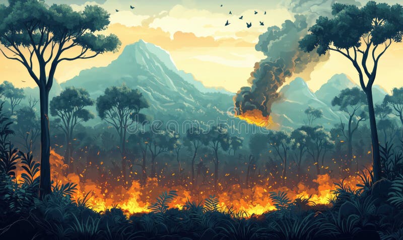 Forest Fire in Mountainous Landscape with Smoke and Flames during ...