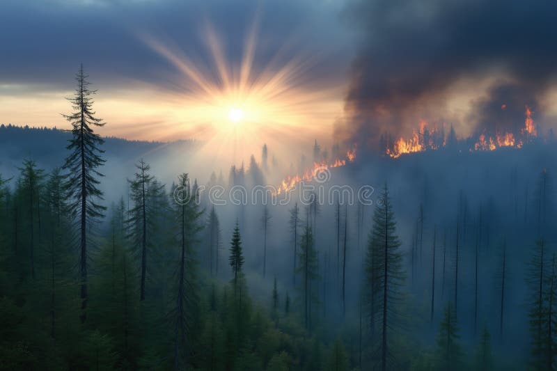 Forest Fire in the Mountains at Sunset. Natural Disaster, Forest Fire ...