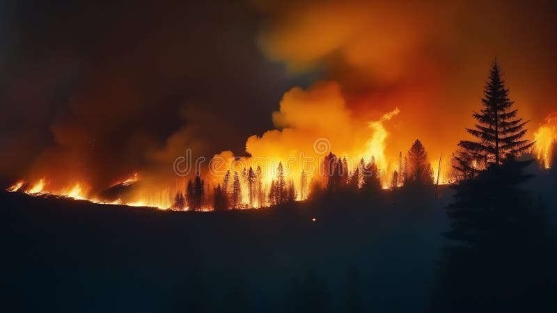 Forest Fire at Night with Flames and Smoke on Flat Terrain Stock ...
