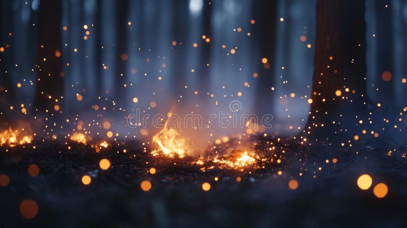 Forest Fire at Night: Glowing Embers and Dark Trees Stock Illustration ...