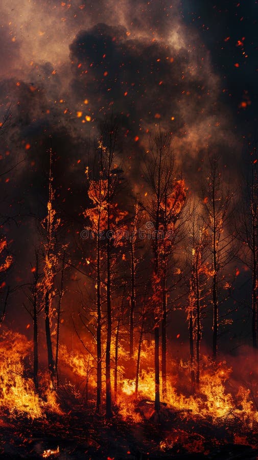Forest Fire at Night with Intense Flames and Smoke, Environmental ...