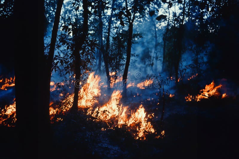 Forest fire in the night stock photo. Image of flammable - 354423878