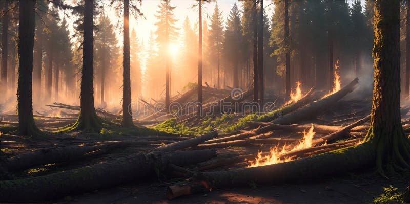 Forest Fire in Pine Plantations. the Flames Begin To Damage the Barrel ...