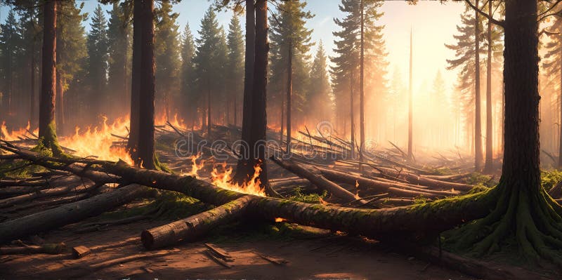 Forest Fire in Pine Plantations. the Flames Begin To Damage the Barrel ...