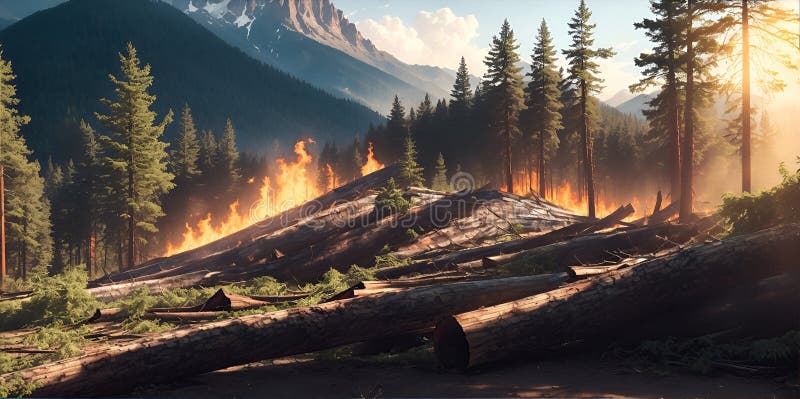 Forest Fire in Pine Plantations. the Flames Begin To Damage the Barrel ...