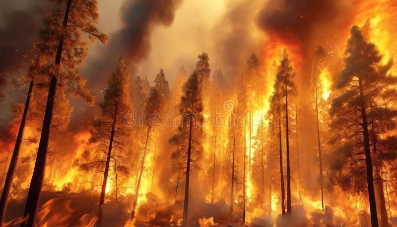 Forest Fire in Progress.Wildfire Burns of Pine Trees Stock Photo ...
