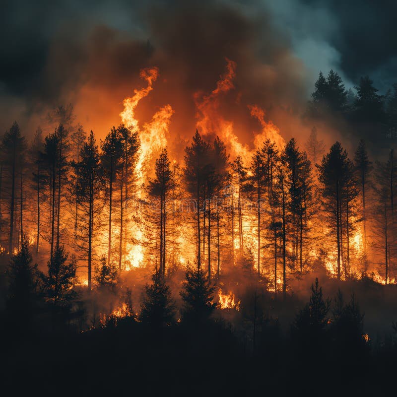A Forest Fire Raging through a Dense Forest, Stock Illustration ...