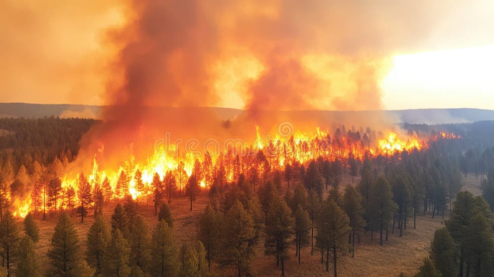 Forest Fire Raging through Dense Trees with Thick Smoke in Sky Stock ...