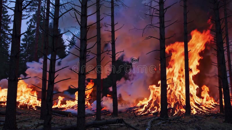 Forest Fire Raging through Pine Trees at Dusk, Environmental Disaster ...