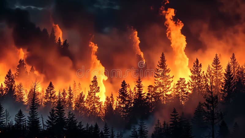 Forest Fire Raging through Pine Trees at Night, Environmental Disaster ...