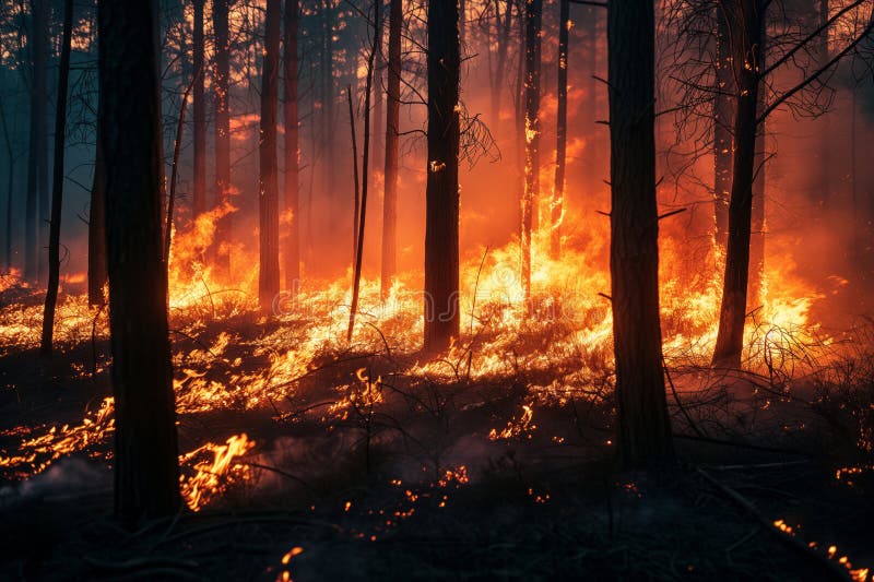 A Forest Fire is Raging through a Forest, with Smoke Stock Image ...