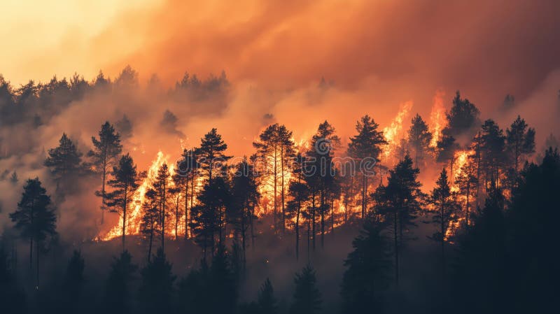 Forest Fire Raging through Trees, Smoke and Flames Visible Stock Image ...