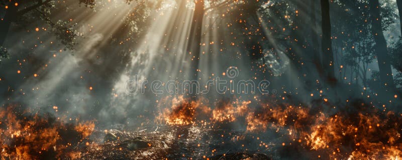 Forest Fire with Rays of Sunlight Piercing through Smoke, Environmental ...