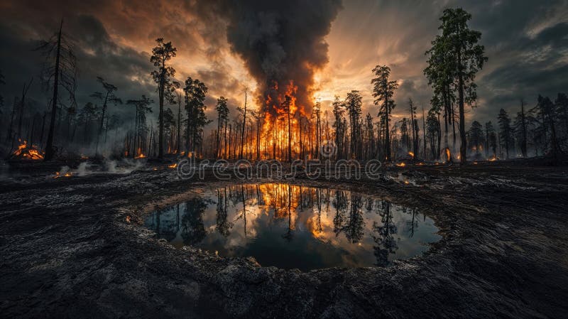 Forest Fire Reflecting in Water during Sunset with Smoke Filling the ...