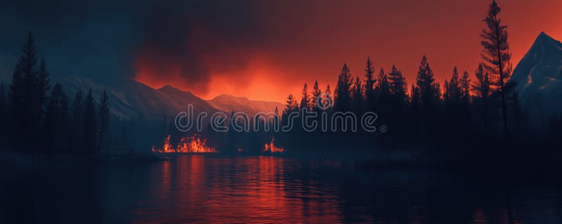 Forest Fire Reflection on Calm Water at Dusk with Dramatic Red and ...